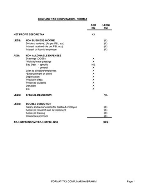 Company Tax Computation Format Pdf
