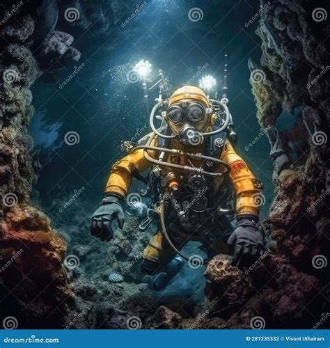 Scuba Deep Sea Diver Swimming In A Deep Ocean Cavern Underwater