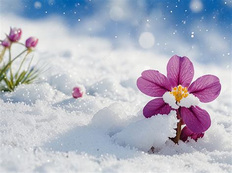 A Resilient Flower Defies The Snow Background Background Winter