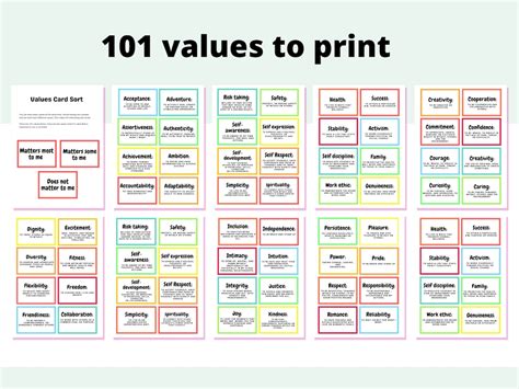 Personal Values Card Exercise 101 Values Card To Print Core Values Identification Handouts