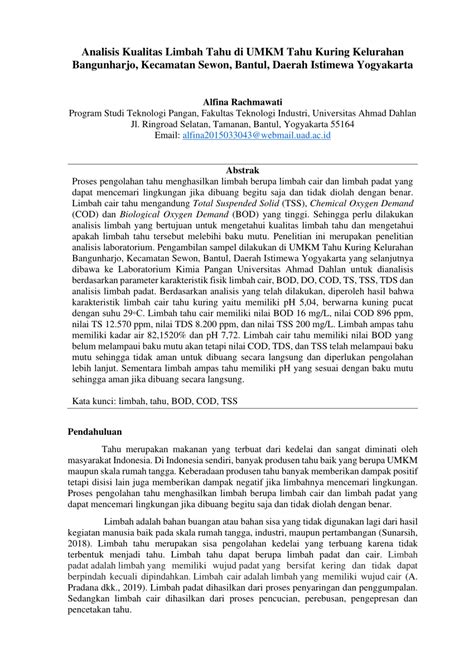PDF Analisis Kualitas Limbah Tahu Di UMKM Tahu Kuring Kelurahan