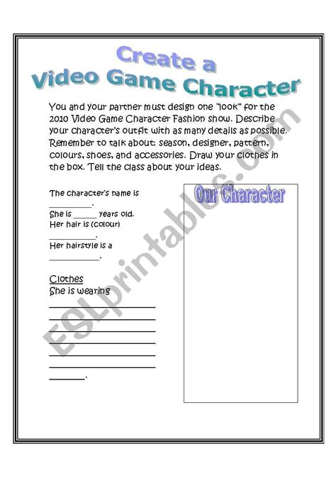 create a video game character esl worksheet by shanna83