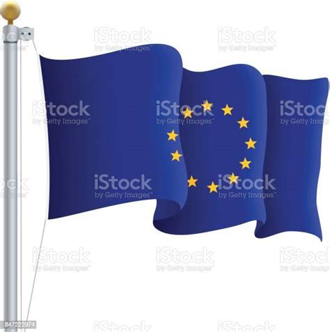 유럽 연합 깃발을 흔들며입니다 Eu 국기는 흰색 배경에 고립 벡터 일러스트 레이 션 머리가 짧은 사람에 대한 스톡 벡터 아트 및