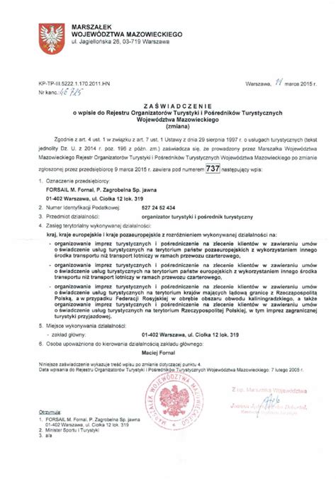 Zaświadczenie o wpisie do Rejestru Organizatorów Turystyki i Pośredników Turystycznych Forsail