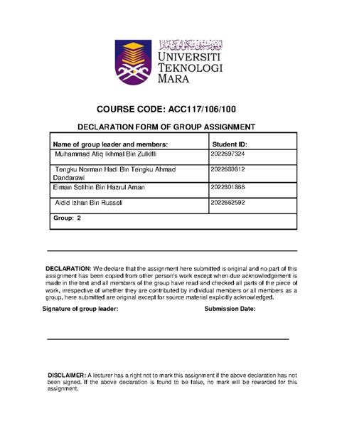 Acc 117 Assignment2 Course Code Acc117106 Declaration Form Of