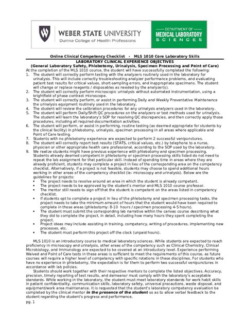 General Lab Checklist Medical Laboratory Science Program Apps Weber