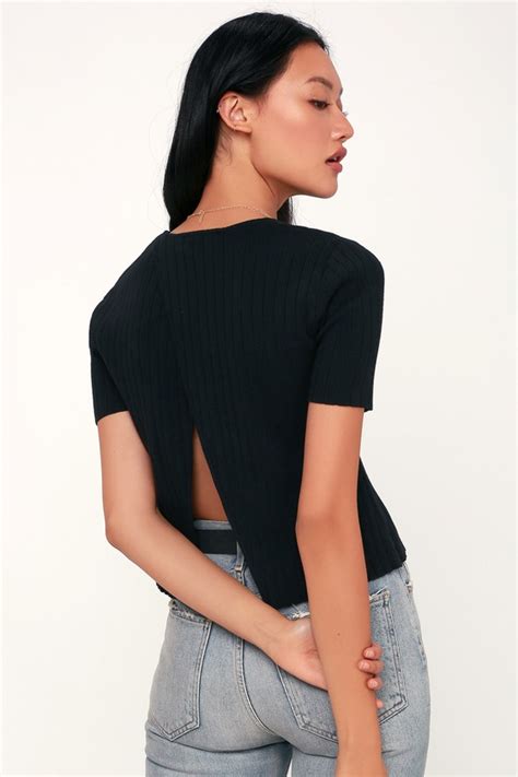 Chic Black Sweater Top Ribbed Knit Crop Top Split Back Top Lulus