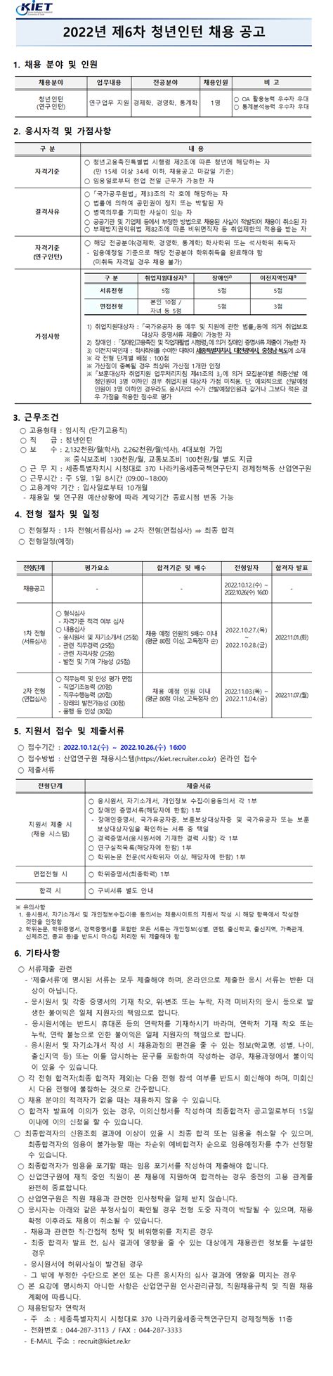산업연구원 2022년 제6차 청년인턴 채용공고 연구회ㆍ소관 연구기관 채용 정보 소식·소통 경제ㆍ인문사회연구회