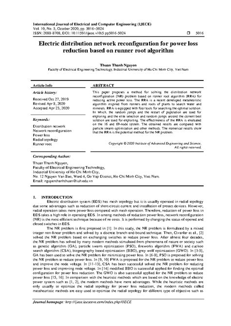Electric Distribution Network Reconfiguration For International Journal Of Electrical And