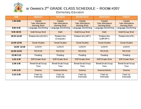 2nd Grade Class Schedule Room 207 Pdf Home And Garden
