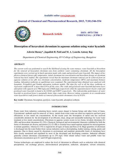Pdf Biosorption Of Hexavalent Chromium In Aqueous Solution Using