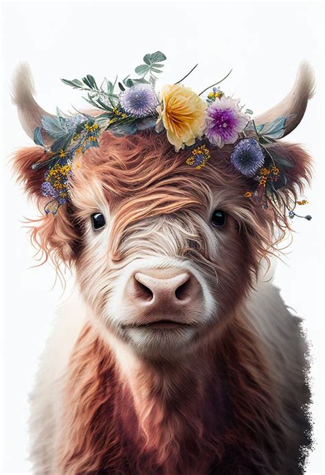 Watercolor Highland Cow Portrait With Flowers Crown Cartoon Cute