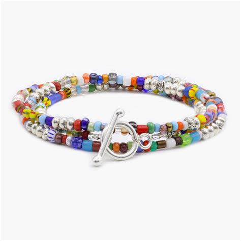 3 Laps Bracelet With Sterling Silver And Vintage Assorted Glass Beads