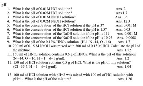 Solved Ph 1 What Is The Ph Of 001m Hcl Solution Ans 2 2