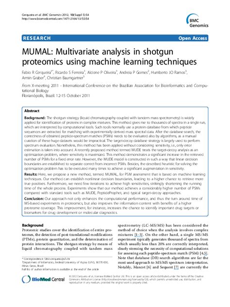 Pdf Mumal Multivariate Analysis In Shotgun Proteomics Using Machine Learning Techniques