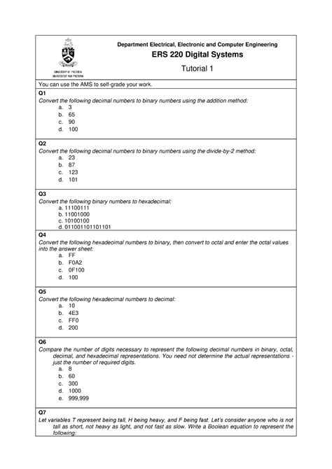 ERS220 Tut1 Tutorial Worksheet 1 Department Electrical Electronic
