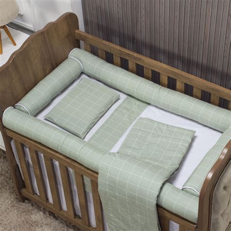 Kit Quarto Completo Berço 16 Peças Percal 100 Algodão Grid Verde
