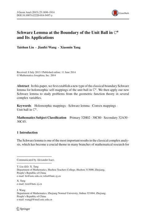 PDF Schwarz Lemma At The Boundary Of The Unit Ball In Cnand Its