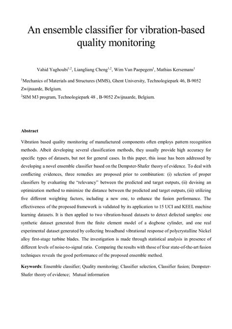 pdf an ensemble classifier for vibration based quality monitoring