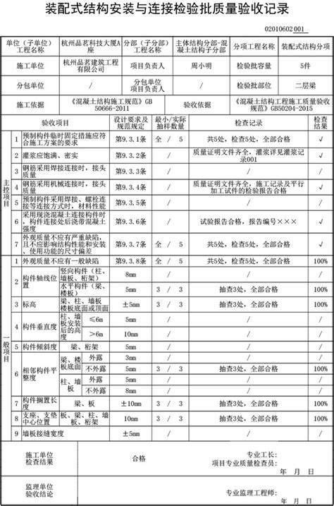 02010602 装配式结构安装与连接检验批质量验收记录 GB50204 2015 品茗逗逗网 品茗施工软件服务平台