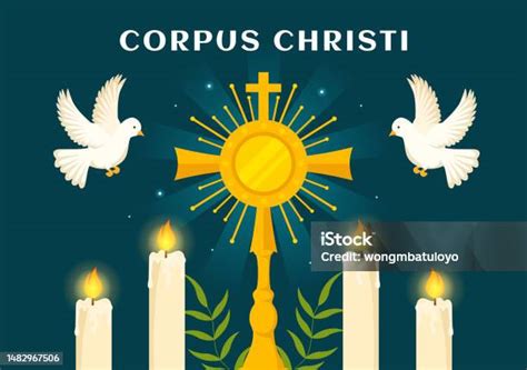 코퍼스 크리스티 가톨릭 종교 휴일 벡터 일러스트레이션 축제의 날 십자가 빵과 포도 플랫 만화 손으로 그린 포스터 템플릿 예수에 대한 스톡 벡터 아트 및 기타 이미지 Istock