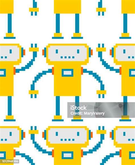 로봇 픽셀 아트 패턴 완벽 한입니다 8 비트 사이보그 배경입니다 디지털 기술 장식 장난감 벡터 일러스트 레이 션 개념에 대한