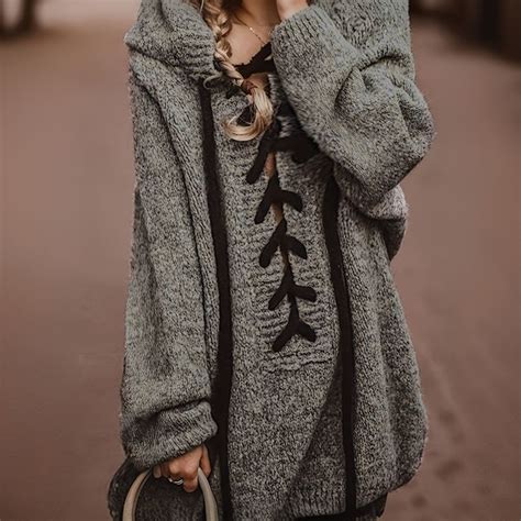 Temu｜solid Lace Up Drawstring Hooded Sweater Casual Long Sleeve Loose