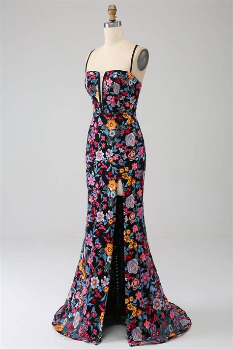 Zapakasa Women Mermaid Prom Dress Spaghetti Straps Black Flower