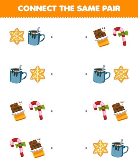 어린이를 위한 교육 게임은 귀여운 만화 쿠키 초콜릿 사탕 쌍 인쇄 가능한 겨울 워크시트의 동일한 그림을 연결합니다 프리미엄 벡터