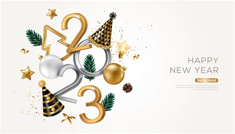 ปีใหม่ 2023 หมวกปาร์ตี้ทอง Baubles ภาพประกอบสต็อก ดาวน์โหลดรูปภาพ