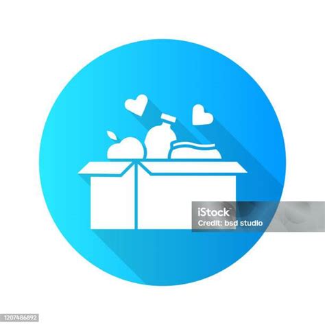 음식 기부 플랫 디자인 긴 그림자 문고 아이콘입니다 자선 식품 컬렉션입니다 식사 마음 상자 인도주의적 지원 도움이 필요한