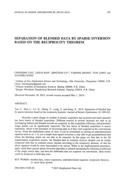 Pdf Separation Of Blended Data By Sparse Inversion Based On The