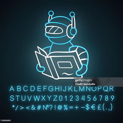 Text Reading Bot Neon Light Icon Screen Reader Application Virtual Assistant Robot With Book