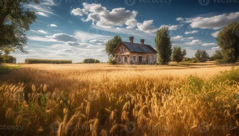 Tranquil Rural Scene Sunset Over Wheat Meadow Old Farmhouse Generated