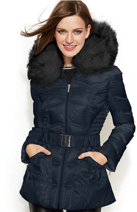 Laundry By Shelli Segal Faux Fur Hooded Belted Down Puffer Coat Black