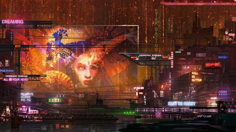 Digital Art Cyberpunk Futuristic Cranes Signboard Science Fiction
