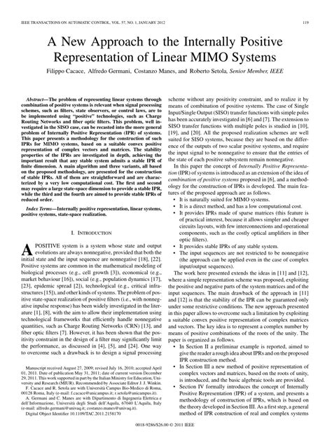 Pdf A New Approach To The Internally Positive Representation Of Linear Mimo Systems