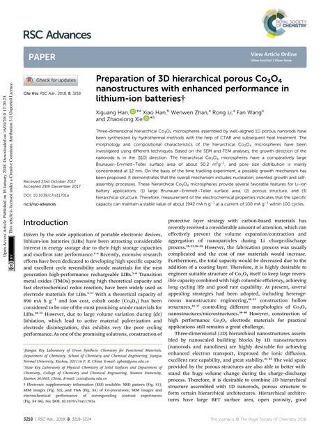 Pdf Preparation Of 3d Hierarchical Porous Co 3 O 4 Nanostructures With Enhanced Performance In