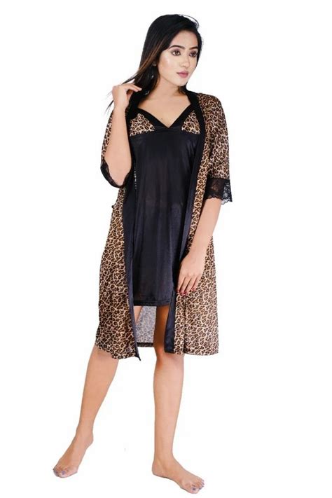 Yellow And Black Womens Printed Satin Knee Lenth Nighty With Robe Half