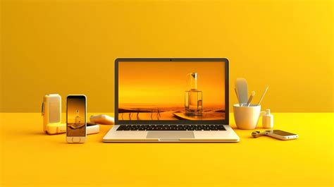 3d 그림으로 노트북과 휴대폰이 있는 노란색 사무실 책상 배경 Png  무료 다운로드 Pikbest