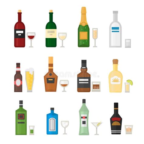 Set Of Different Alcohol Drink Bottle And Glasses Vector Illustration