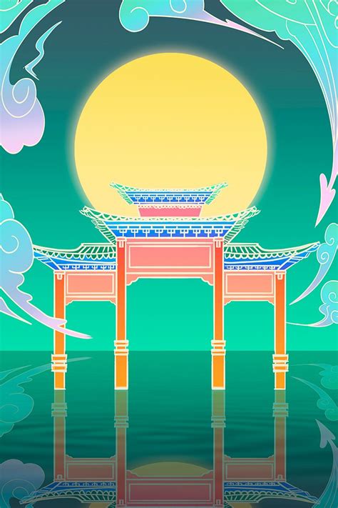 手绘时尚国潮牌坊云彩中秋月亮免抠背景 PSD素材网