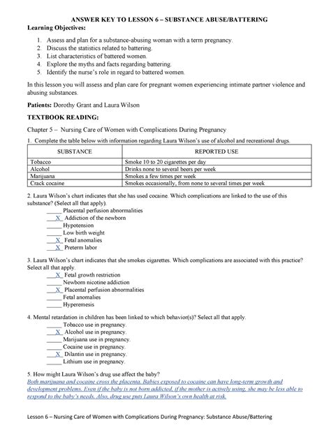 Answer Key To Lesson 6 Substance Abuse And Battering Case Study