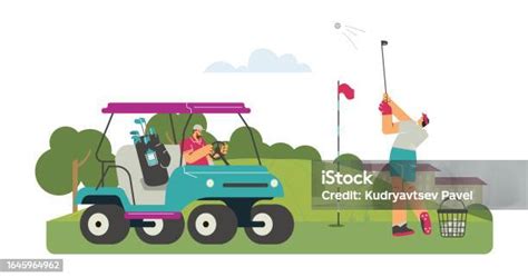 골프를 치는 젊은 남자들 골프 장비를 들고 카트를 몰고 잔디밭에 클럽 가방 스포츠 레저 활동 벡터 일러스트레이션 Championship에 대한 스톡 벡터 아트 및 기타