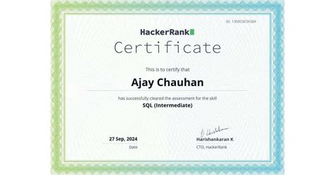 Earned Sql Intermediate Certificate With Hackerrank Ajay Chauhan Posted On The Topic Linkedin