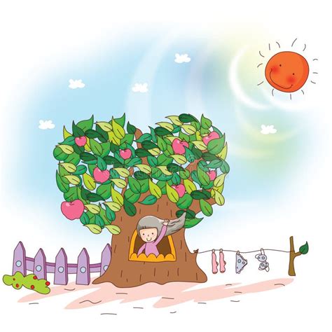 Girl Inside Tree House Vector Illustration Decorative Design Stock