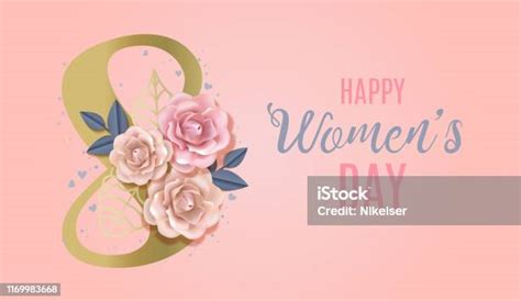 해피 국제 여성의 날 벡터 배너 종이 장미와 손으로 그린 글자로 장식 3 월 8 일 전단지 뉴스 레터 브로셔 엽서에 대한 축하와