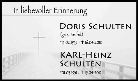 Traueranzeigen Von Doris Und Karl Heinz Schulten Wirtrauern
