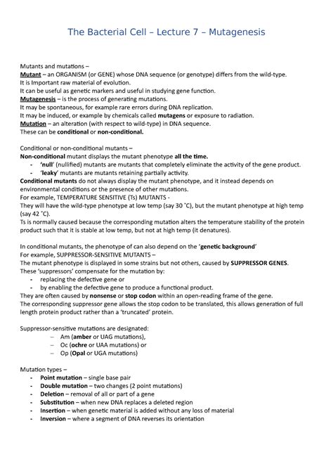 The Bacteria Cell Lecture The Bacterial Cell Lecture Mutagenesis Mutants And Mutations