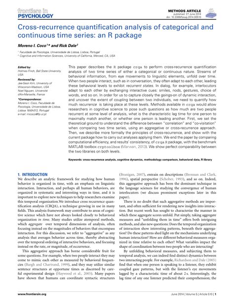 Pdf Cross Recurrence Quantification Analysis Of Categorical And